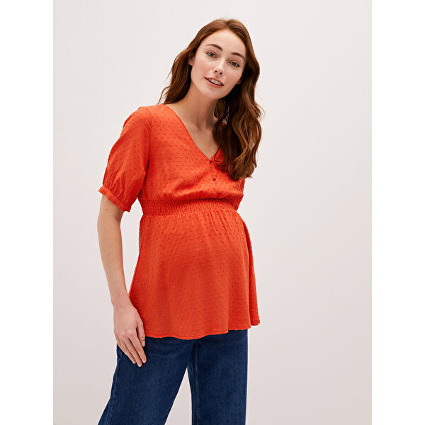 V Yaka Desenli Kısa Kollu Viskon Hamile Bluz