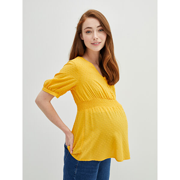 V Yaka Desenli Kısa Kollu Viskon Hamile Bluz