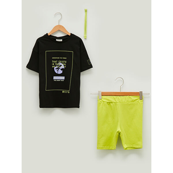 Bisiklet Yaka Baskılı Kısa Kollu Kız Çocuk Tişört Tayt ve Saç Bandı