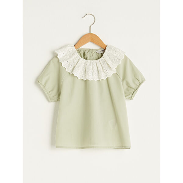 Bisiklet Yaka Fisto Detaylı Kısa Kollu Poplin Kız Çocuk Bluz