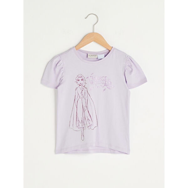 Bisiklet Yaka Elsa Baskılı Kısa Kollu Kız Çocuk Tişört