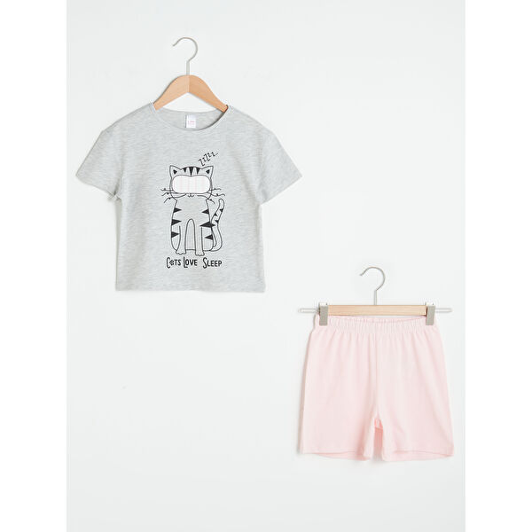 Bisiklet Yaka Baskılı Kısa Kollu Kız Çocuk Şortlu Pijama Takımı Bisiklet Yaka Baskılı Kısa Kollu Kız Çocuk Şortlu Pijama Takımı