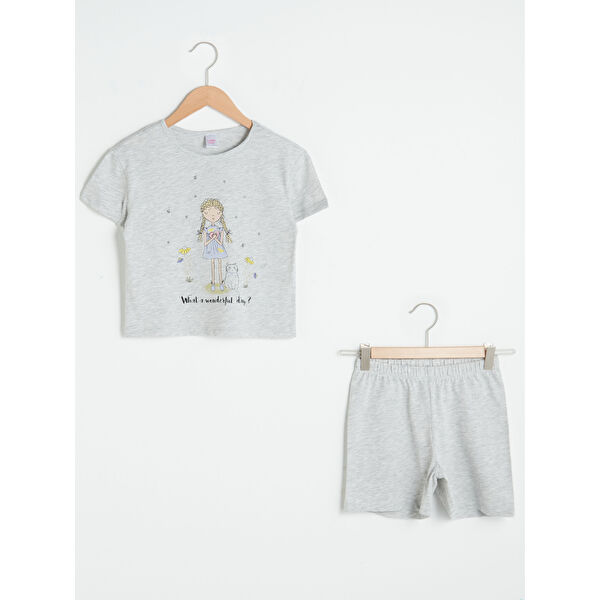 Bisiklet Yaka Baskılı Kısa Kollu Kız Çocuk Şortlu Pijama Takımı Bisiklet Yaka Baskılı Kısa Kollu Kız Çocuk Şortlu Pijama Takımı