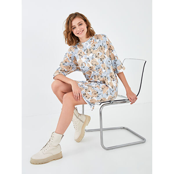 LCW GREEN Bisiklet Yaka Baskılı Kısa Kollu Pamuklu Kadın Elbise