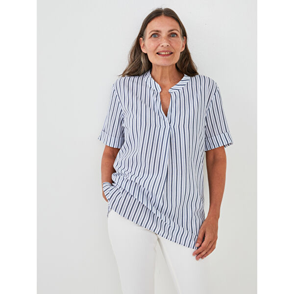 LCW GRACE Kaçık Yaka Çizgili Kısa Kollu Pamuklu Kadın Bluz LCW GRACE Kaçık Yaka Çizgili Kısa Kollu Pamuklu Kadın Bluz