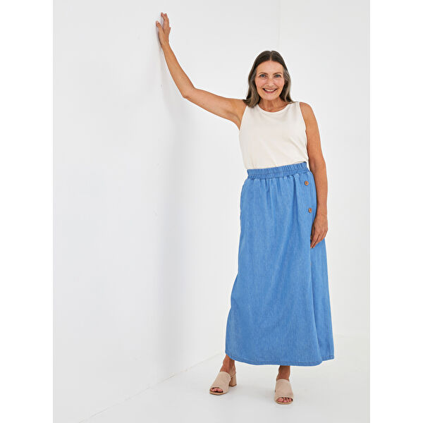 LCW GRACE Beli Lastikli Bol Fit Düğme Detaylı Cepli Kadın Jean Etek