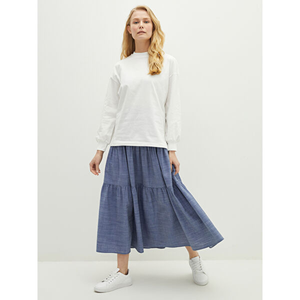 MODEST Beli Lastikli Fırfır Detaylı Şambre Kumaş Kadın Kloş Etek MODEST Beli Lastikli Fırfır Detaylı Şambre Kumaş Kadın Kloş Etek