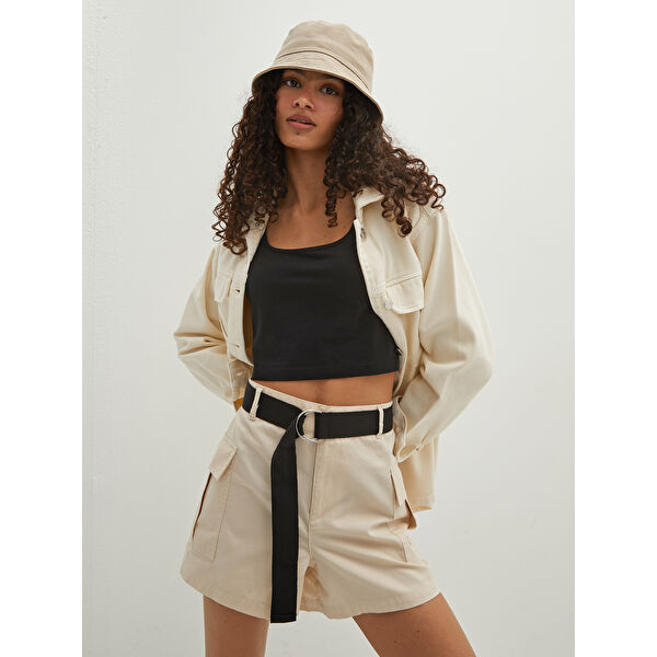 Beli Kemerli Düz Cep Detaylı Gabardin Kadın Şort