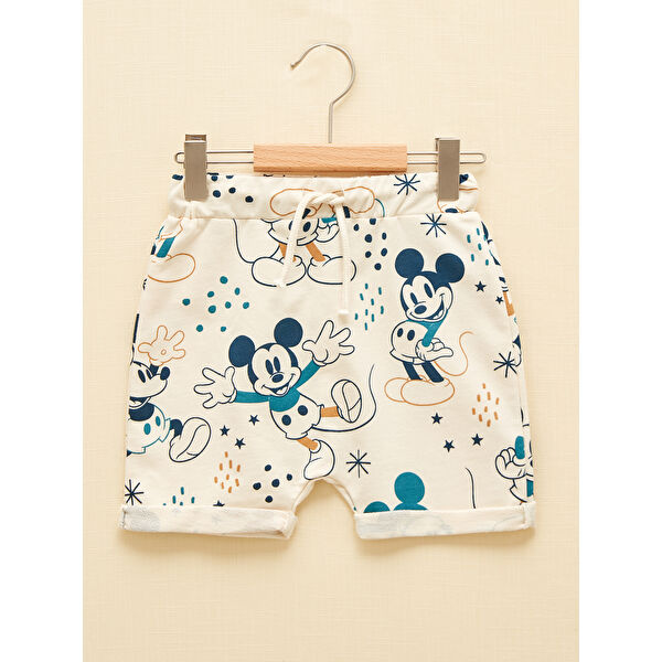 Beli Lastikli Mickey Mouse Baskılı Organik Pamuklu Erkek Bebek Şort