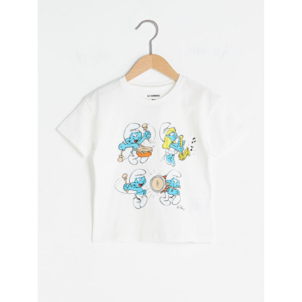 Bisiklet Yaka Kısa Kollu Şirinler Baskılı Pamuklu Kız Bebek Tişört