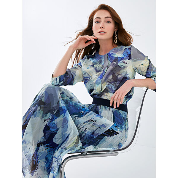 LCW CLASSIC Bisiklet Yaka Desenli Yarım Kollu Kadın Bluz