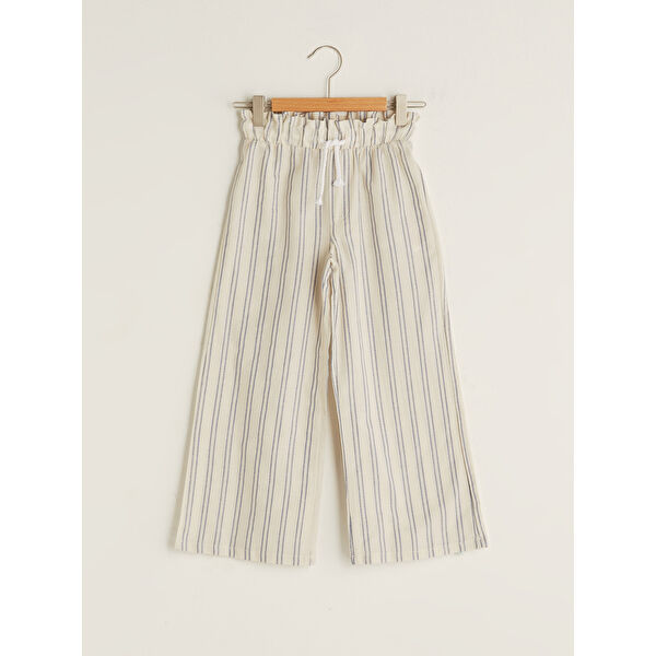 Beli Lastikli Çizgili Geniş Paça Pamuklu Kız Çocuk Pantolon