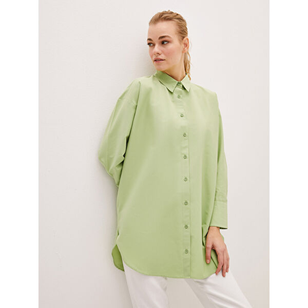 MODEST Düğmeli Gömlek Yaka Düz Uzun Kollu Oversize Poplin Kadın Tunik
