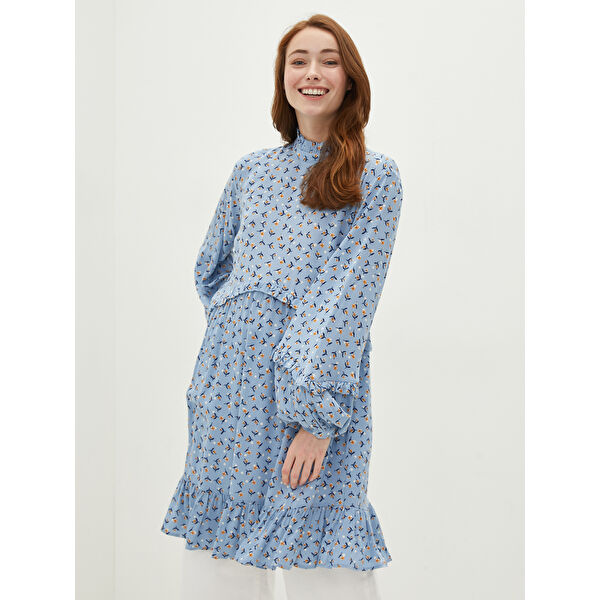 MODEST Fırfırlı Yaka Çiçekli Uzun Kollu Krinkle Kumaş Kadın Tunik