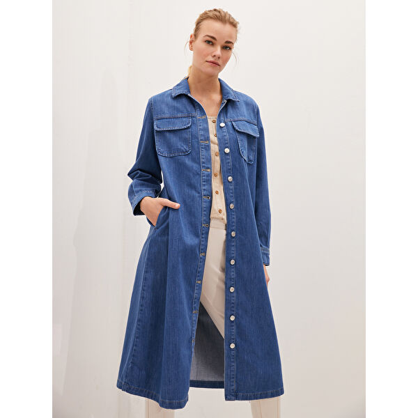 LCW CLASSIC Gömlek Yaka Cep Detaylı Uzun Kollu Kadın Jean Tunik