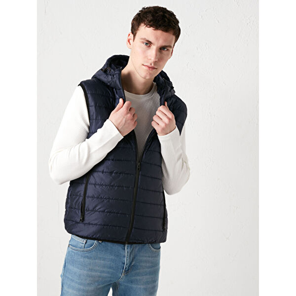 Slim Fit Kapüşonlu Dik Yaka Erkek Şişme Yelek