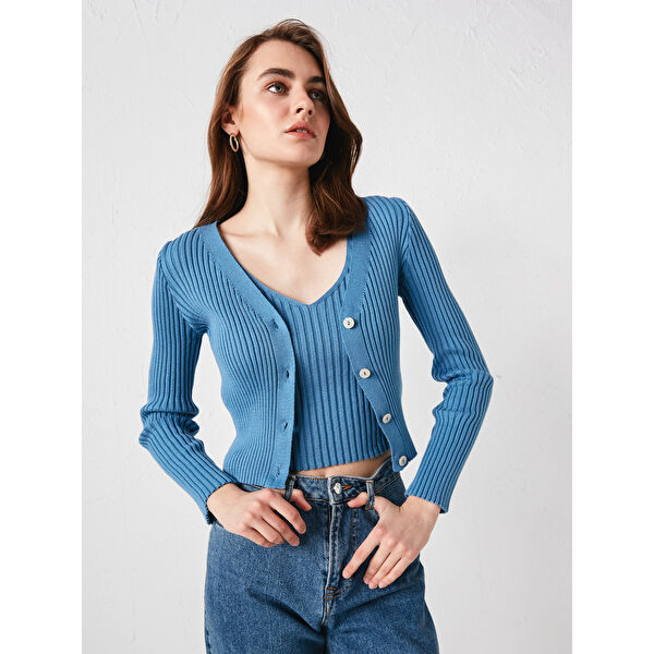 LCW VISION V Yaka Düğme Detaylı Uzun Kollu Kadın Hırka