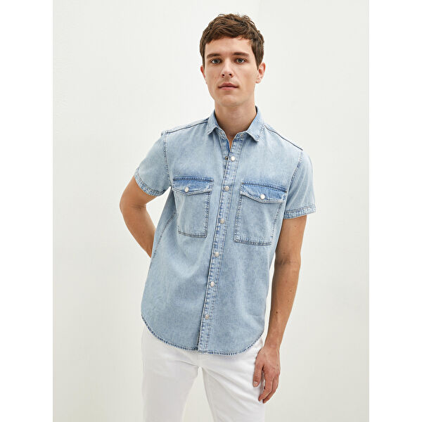 Regular Fit Kısa Kollu Erkek Jean Gömlek Regular Fit Kısa Kollu Erkek Jean Gömlek
