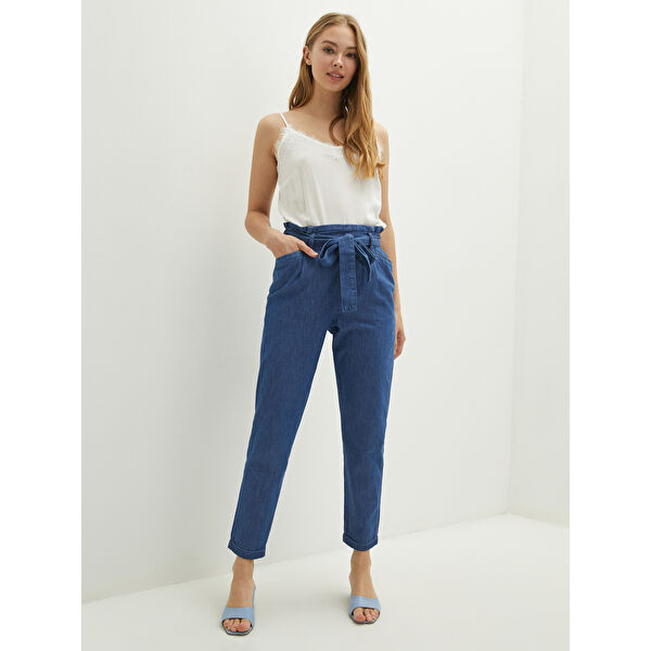 Lastikli Yüksek Bel Kemerli Cep Detaylı Kadın Rodeo Jean Pantolon