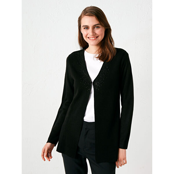 LCW GRACE V Yaka Parlak Taş Baskılı Uzun Kollu Kadın Triko Hırka