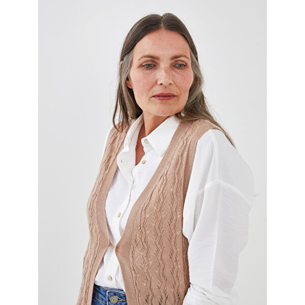 LCW GRACE V Yaka Kendinden Desenli Cep Detaylı Kadın Triko Yelek