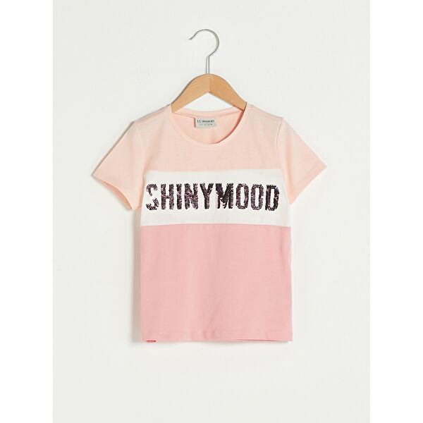 Bisiklet Yaka Çift Yönlü Payetli Kısa Kollu Pamuklu Kız Çocuk Tişört