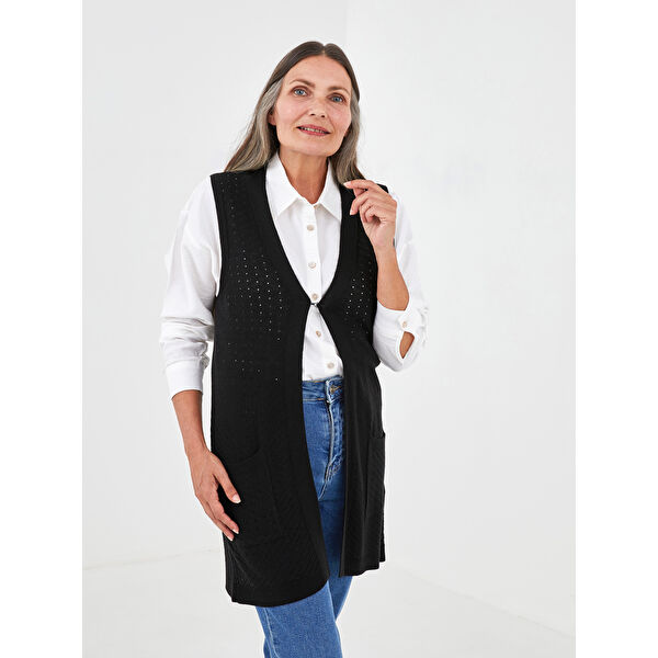 LCW GRACE Kendinden Desenli Kolsuz Cep Detaylı Kadın Triko Yelek LCW GRACE Kendinden Desenli Kolsuz Cep Detaylı Kadın Triko Yelek
