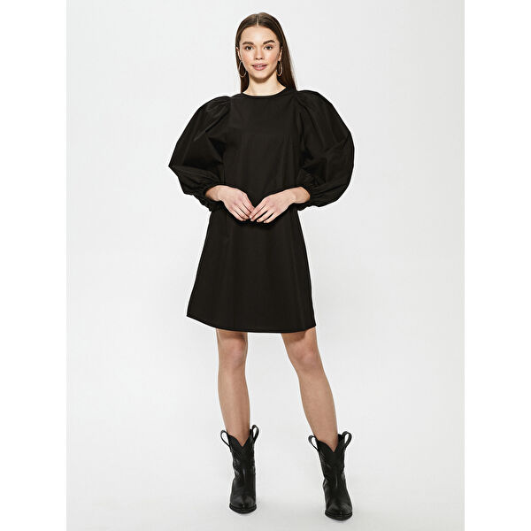 Bağlamalı Yaka Düz Balon Kollu Poplin Kadın Elbise