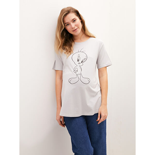 Bisiklet Yaka Tweety Baskılı Kısa Kollu Pamuklu Hamile Tişört