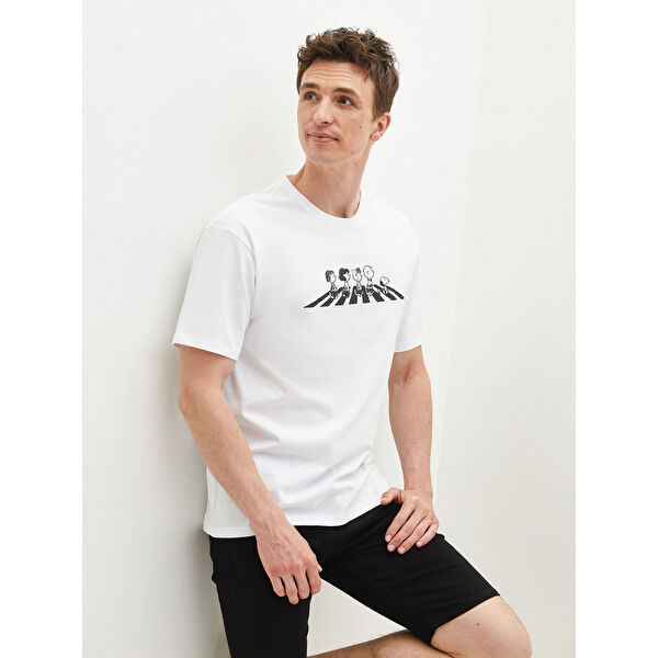 Bisiklet Yaka Kısa Kollu Snoopy Baskılı Penye Erkek Tişört