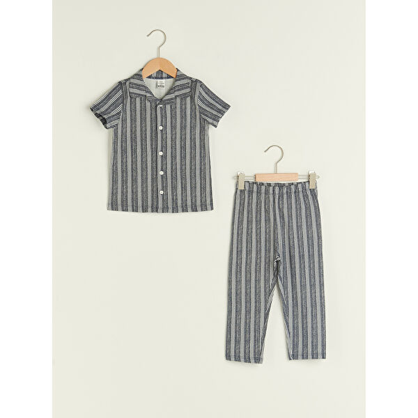 Gömlek Yaka Kısa Kollu Çizgili Pamuklu Erkek Bebek Pijama Takımı