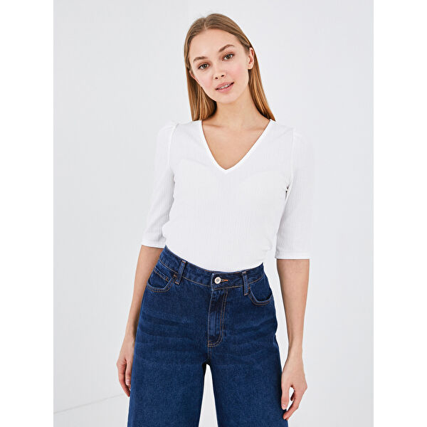 LCW VISION V Yaka Düz Yarım Kollu Crop Kadın Bluz