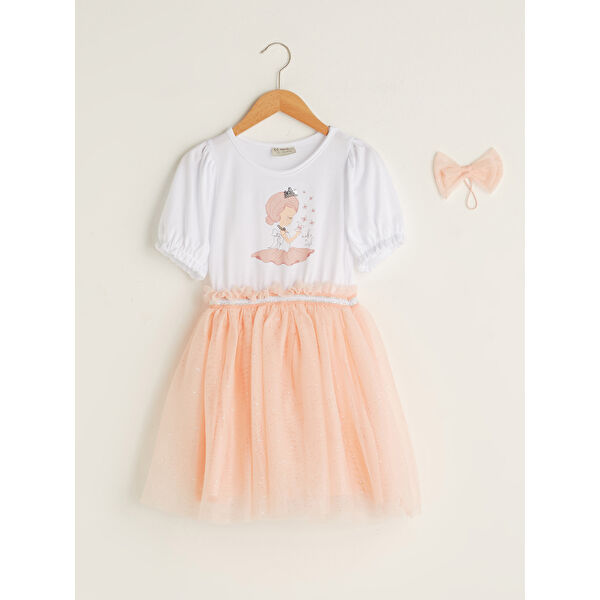 Bisiklet Yaka Baskılı Kısa Kollu Tül Detaylı Kız Çocuk Elbise ve Toka
