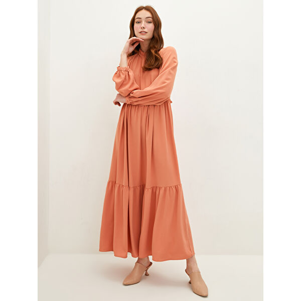 MODEST Fırfırlı Bisiklet Yaka Düz Uzun Kollu Medine İpeği Kumaş Kadın Elbise MODEST Fırfırlı Bisiklet Yaka Düz Uzun Kollu Medine İpeği Kumaş Kadın Elbise