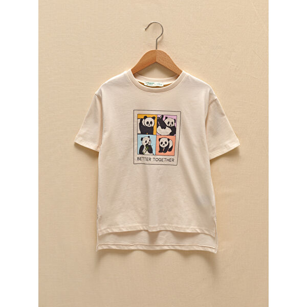 Bisiklet Yaka Baskılı Kısa Kollu Organik Pamuklu Kız Çocuk Tişört