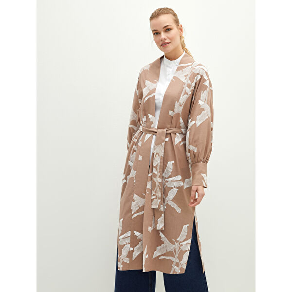 MODEST Desenli Beli Kuşaklı Uzun Kollu Oversize Flamlı Pamuk Kumaş Kadın Kimono MODEST Desenli Beli Kuşaklı Uzun Kollu Oversize Flamlı Pamuk Kumaş Kadın Kimono