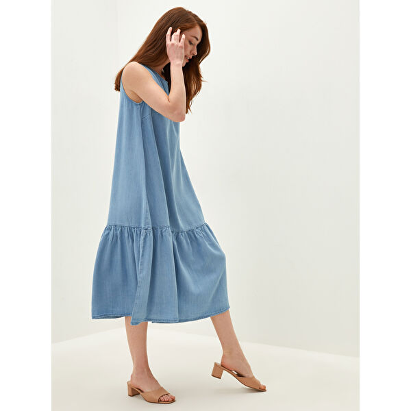 Bisiklet Yaka Kolsuz Düz Tencel Kumaş Kadın Jean Elbise