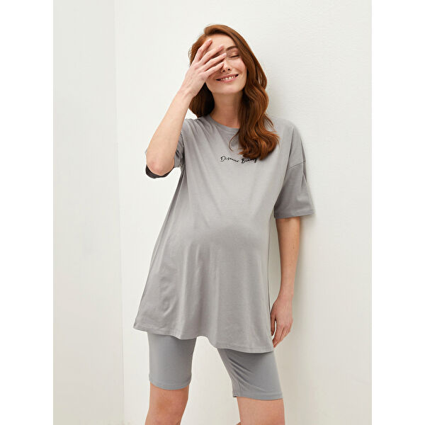 Bisiklet Yaka Baskılı Kısa Kollu Pamuklu Hamile Tişört