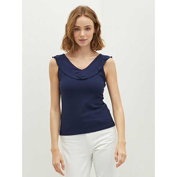 LCW CASUAL V Yaka Düz Kolsuz Kadın Fitilli Bluz