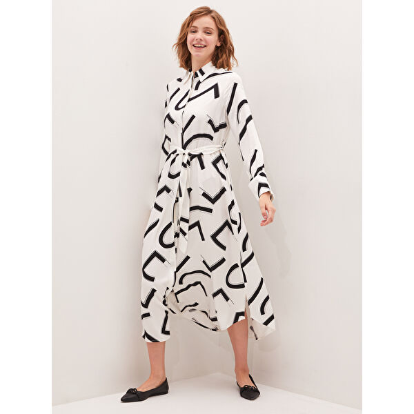 MODEST Gömlek Yaka Desenli Beli Kuşaklı Uzun Kollu Belmando Kumaş Kadın Elbise