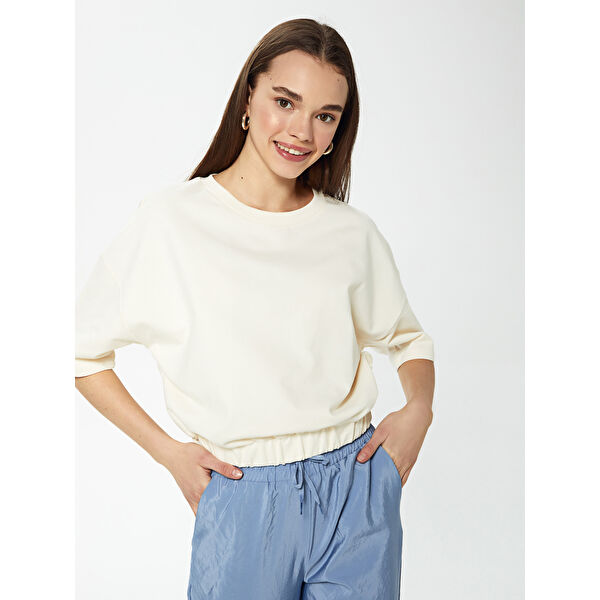 Bisiklet Yaka Düz Kısa Kollu Crop Kadın Sweatshirt