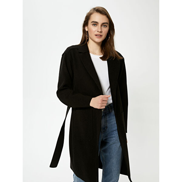 LCW CLASSIC Ceket Yaka Beli Kuşaklı Cep Detaylı Uzun Kollu Kadın Kaşe Kaban