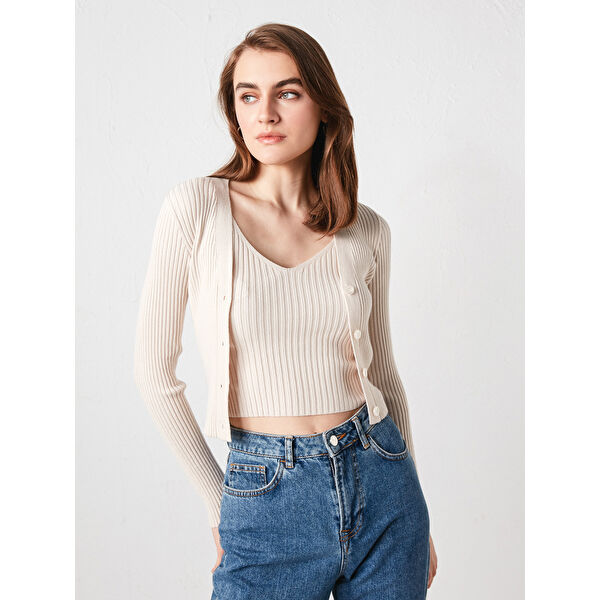 LCW VISION V Yaka Düz Kadın Triko Hırka ve Atlet