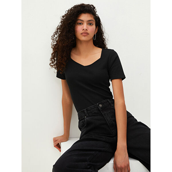 LCW CASUAL U Yaka Düz Kısa Kollu Kadın Bodysuit