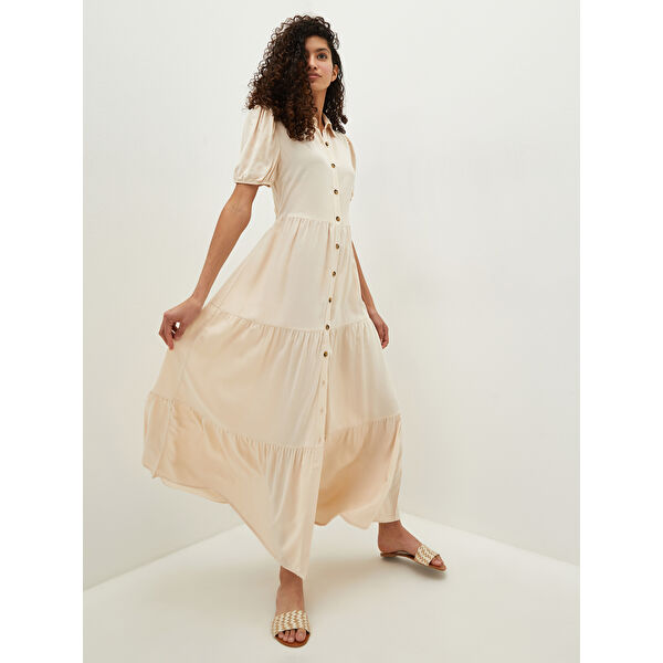 LCW CASUAL Gömlek Yaka Düz Kısa Kollu Keten Kumaş Kadın Elbise