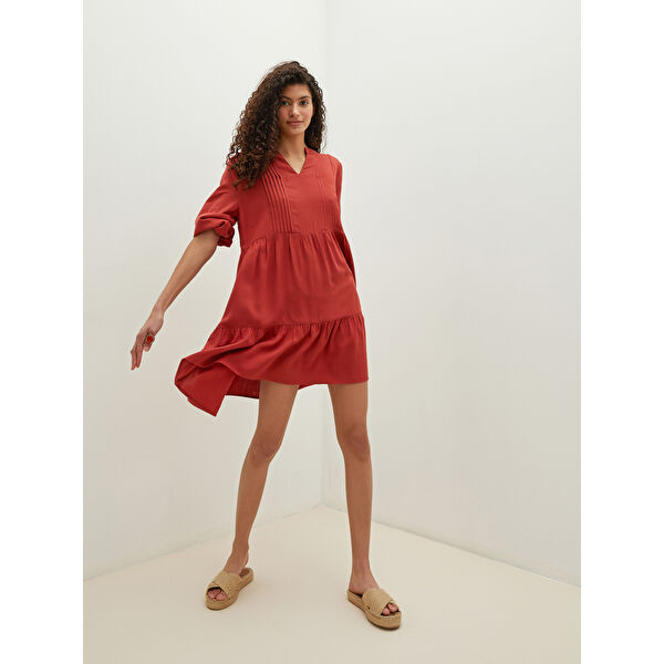 LCW CASUAL Kaçık Yaka Düz Uzun Kollu Keten Kumaş Kadın Elbise