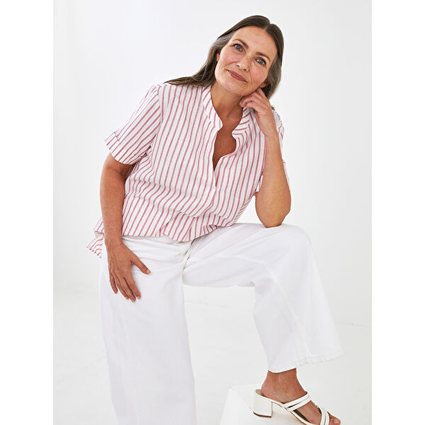 LCW GRACE Kaçık Yaka Çizgili Kısa Kollu Pamuklu Kadın Bluz LCW GRACE Kaçık Yaka Çizgili Kısa Kollu Pamuklu Kadın Bluz