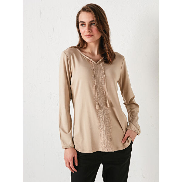 LCW GRACE Kaçık Yaka Nakışlı Uzun Kollu Kadın Bluz