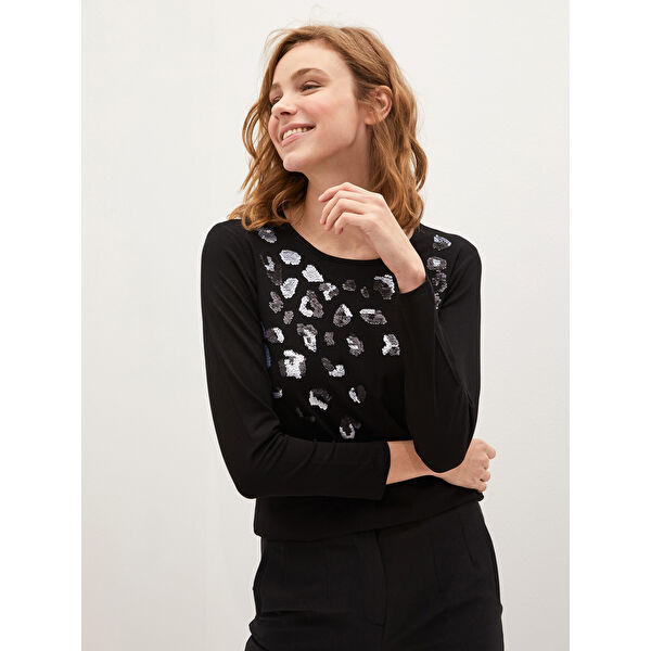 LCW GRACE Bisiklet Yaka Payet Nakışlı Uzun Kollu Viskon Kadın Bluz