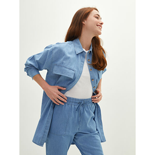 LCW CLASSIC Gömlek Yaka Düz Cep Detaylı Uzun Kollu Kadın Jean Tunik LCW CLASSIC Gömlek Yaka Düz Cep Detaylı Uzun Kollu Kadın Jean Tunik
